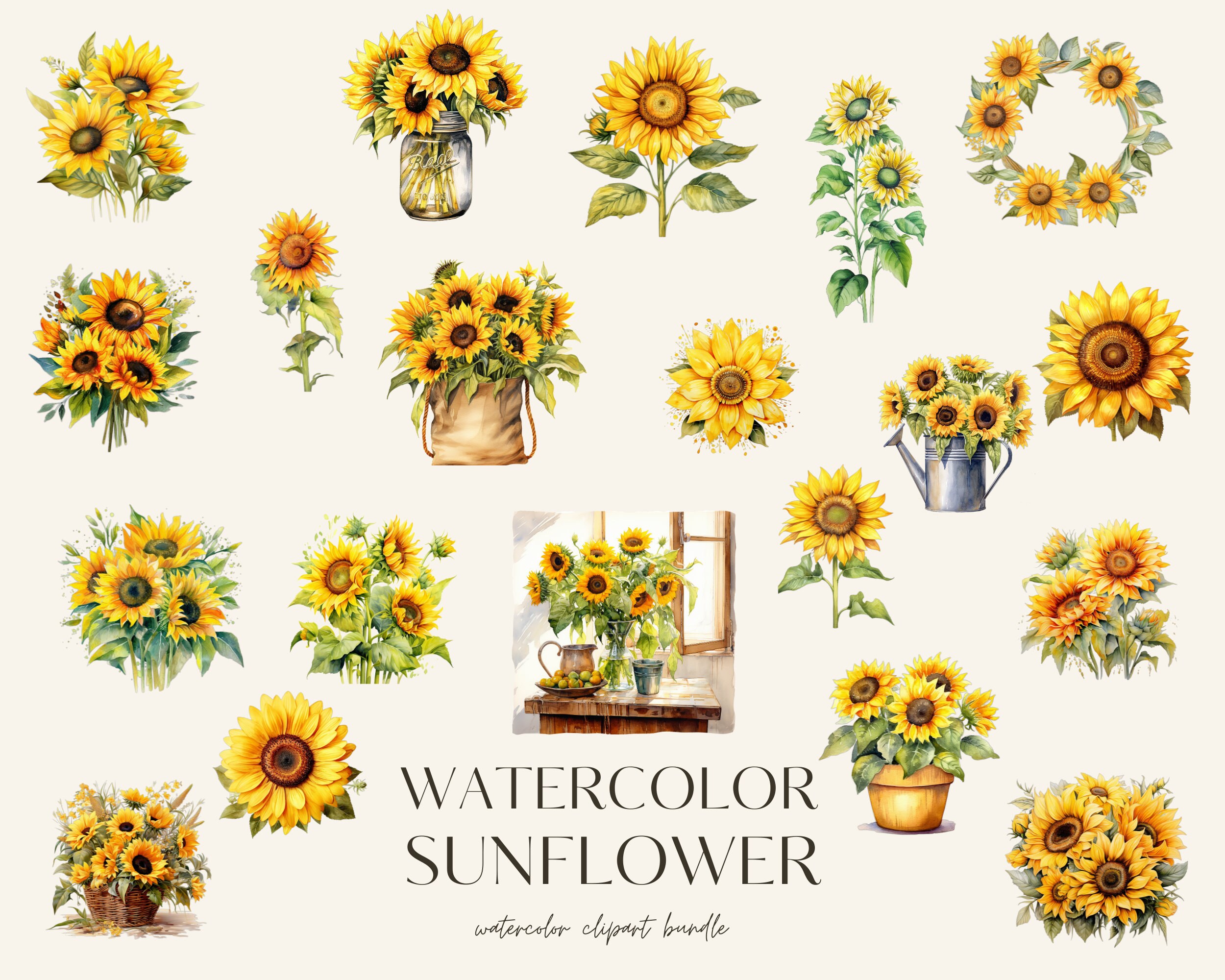 Sunflowers Watercolor Clipart, Fall Sunflower Floral Bouquets in PNG ...