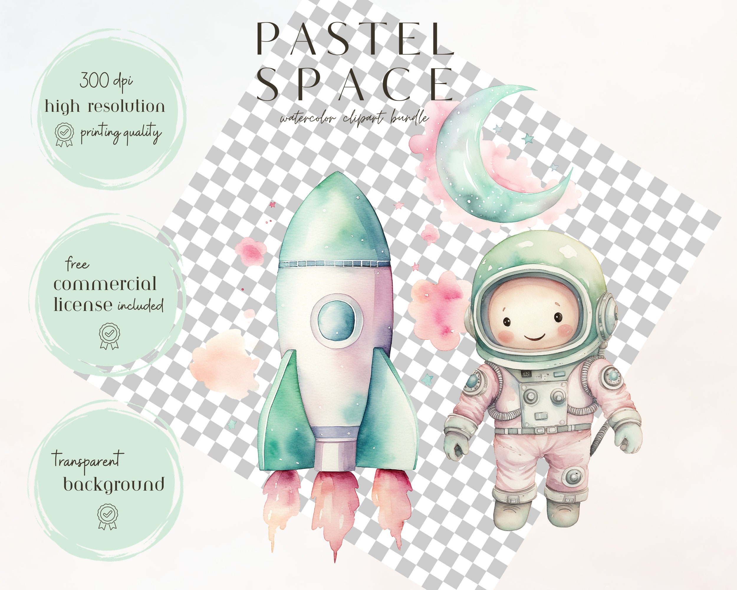 Watercolor Cute Space Clipart Bundle, Pastel Girl Astronaut Nursery ...
