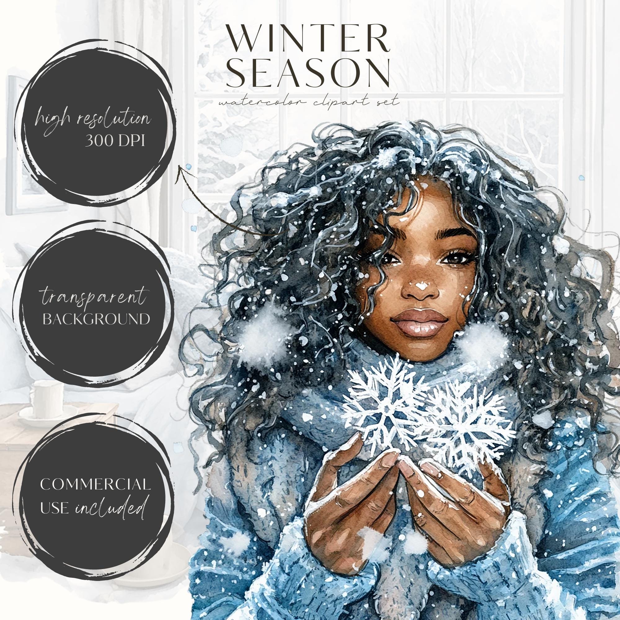 Cozy Winter Clipart, Bluey PNG Bundle, Watercolor Snowflake, Winter ...