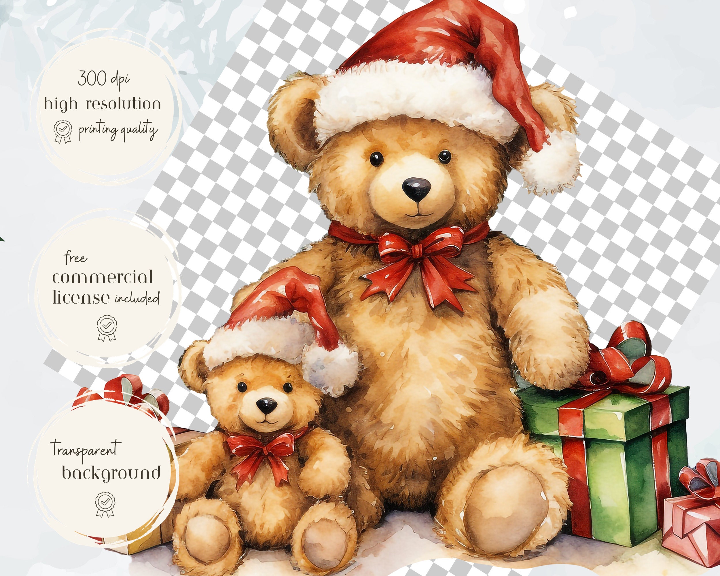 Christmas Teddy Bear, Watercolor Christmas Bear, Winter Clipart, Cute ...