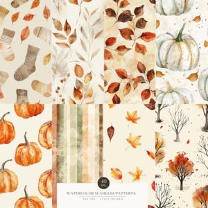 Cozy Autumn Seamless Patterns, Watercolor Neutral Fall JPG, Large ...