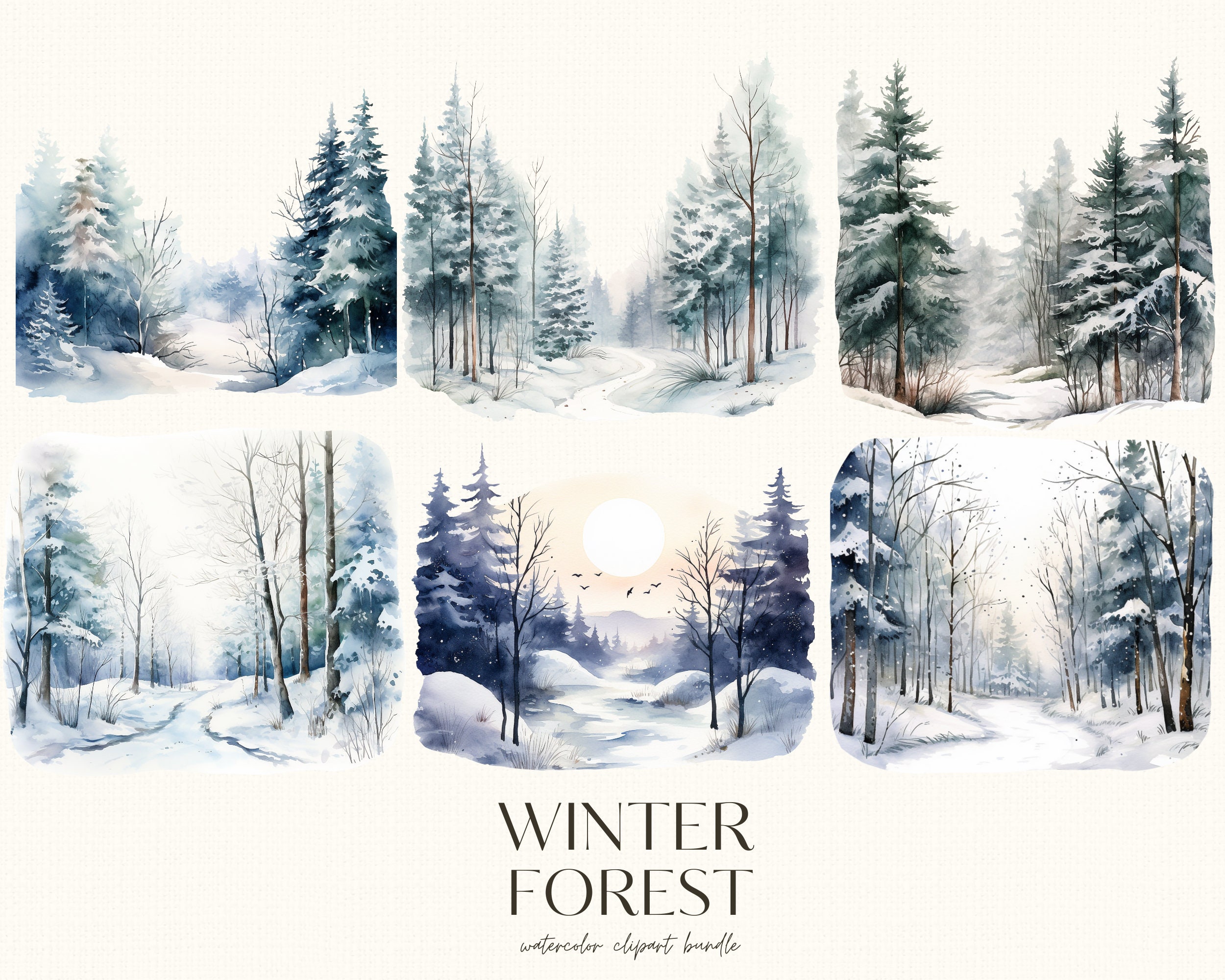 Watercolor Winter Forest Clipart-winter Woodland Clipart-winter Forest ...