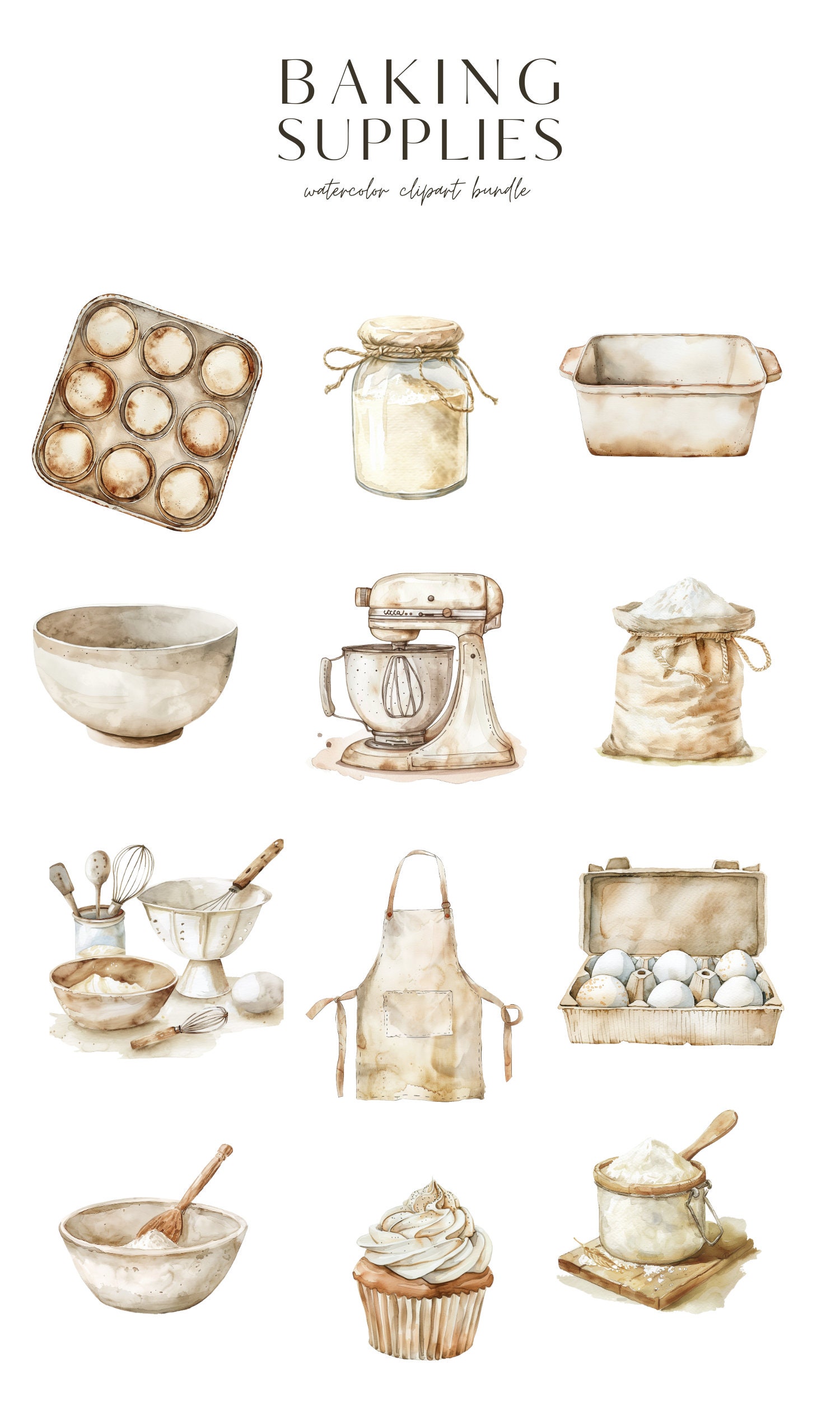 Baking Supplies Clipart, Watercolor Baking PNG Bundle, Bakery, Logo ...
