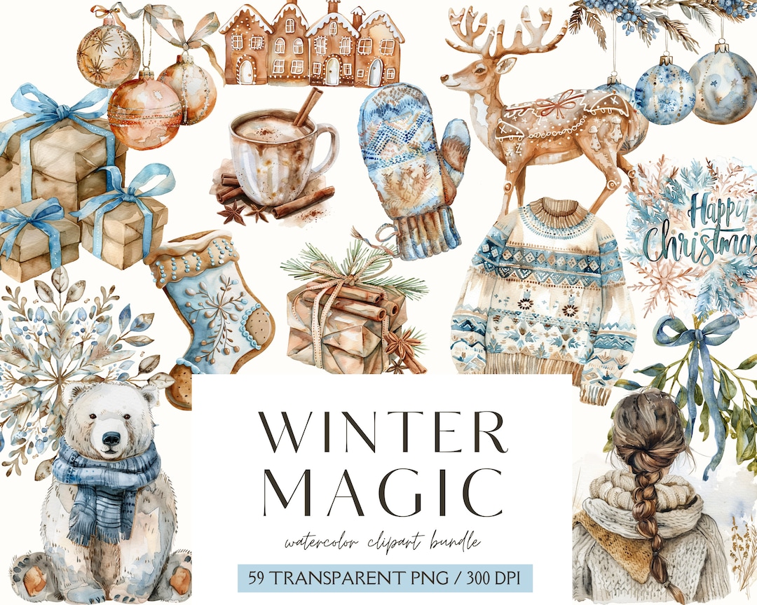 Cozy Winter Clipart Bundle, Watercolor Cozy Winter, Blue Christmas PNG ...