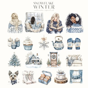 Cozy Winter Clipart, Snowflake PNG Bundle, Watercolor Bluey Clipart ...