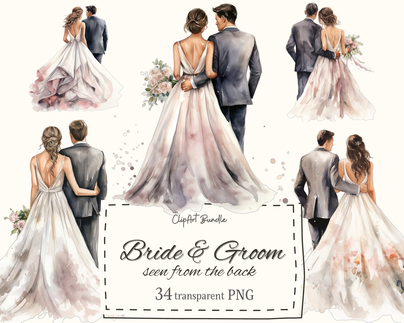 34 Bride and Groom Back Clipart Watercolor-wedding Day Clipart PNG ...
