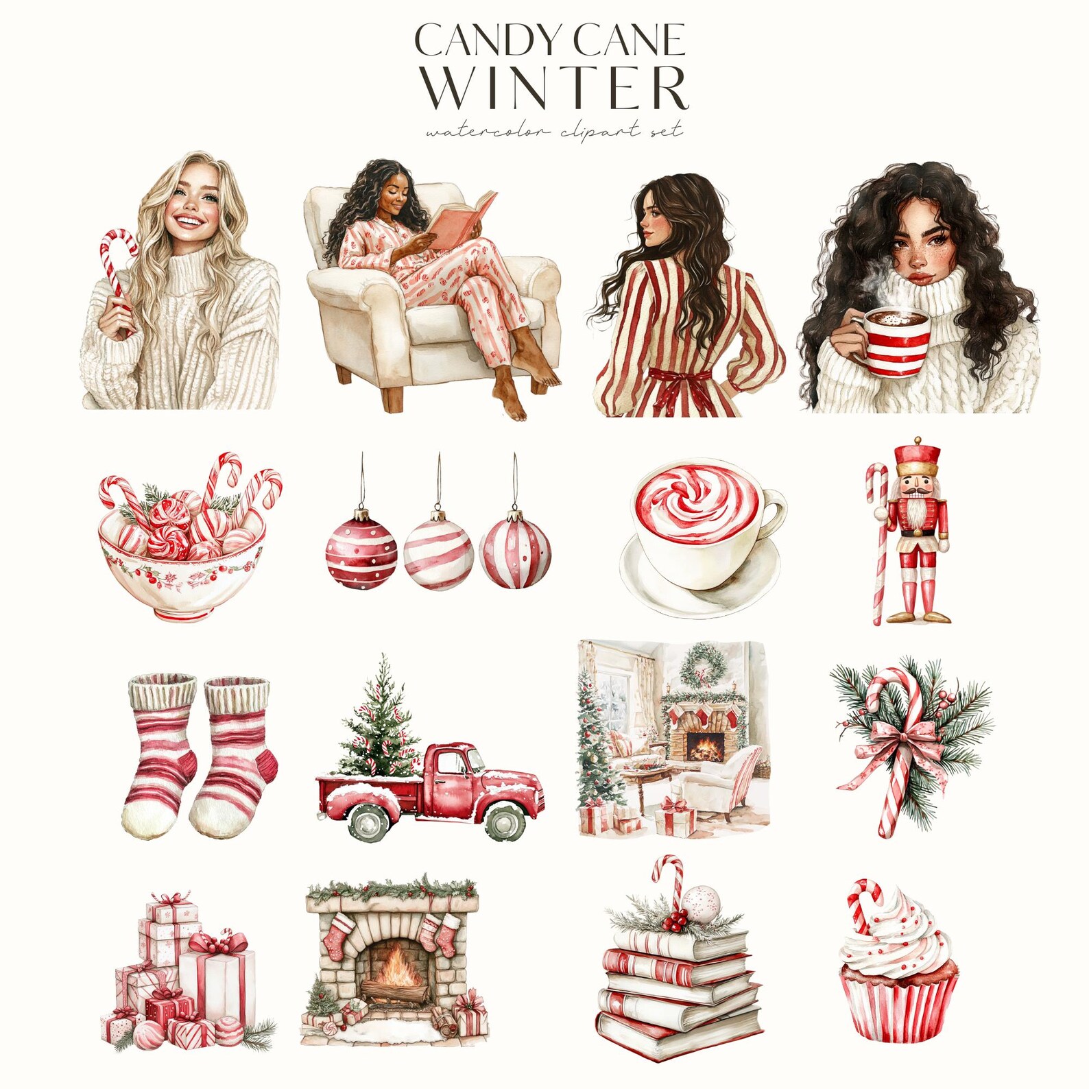 Cozy Winter Candy Cane Clipart, Watercolor Neutral Christmas Graphics ...