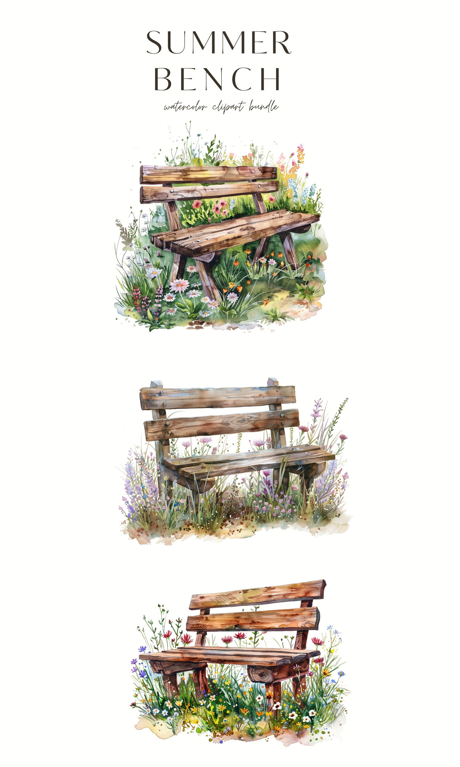 Summer Bench Clipart Bundle, Watercolor Summer Clipart, PNG Design ...