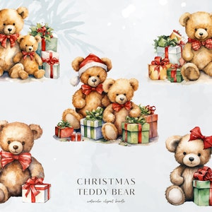 Christmas Teddy Bear, Watercolor Christmas Bear, Winter Clipart, Cute ...