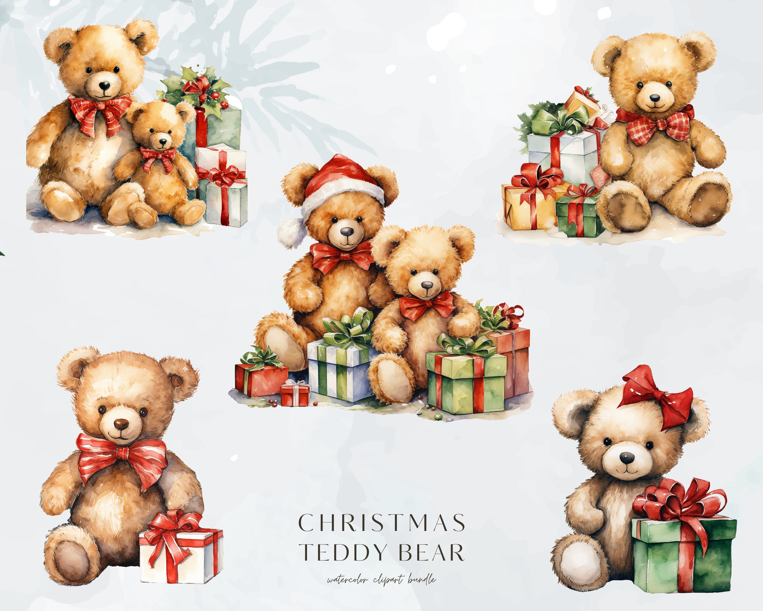 Christmas Teddy Bear, Watercolor Christmas Bear, Winter Clipart, Cute ...