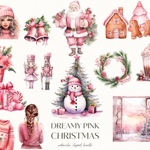 Pink Christmas Clipart, Cottagecore Watercolor Christmas Clipart, Pink ...
