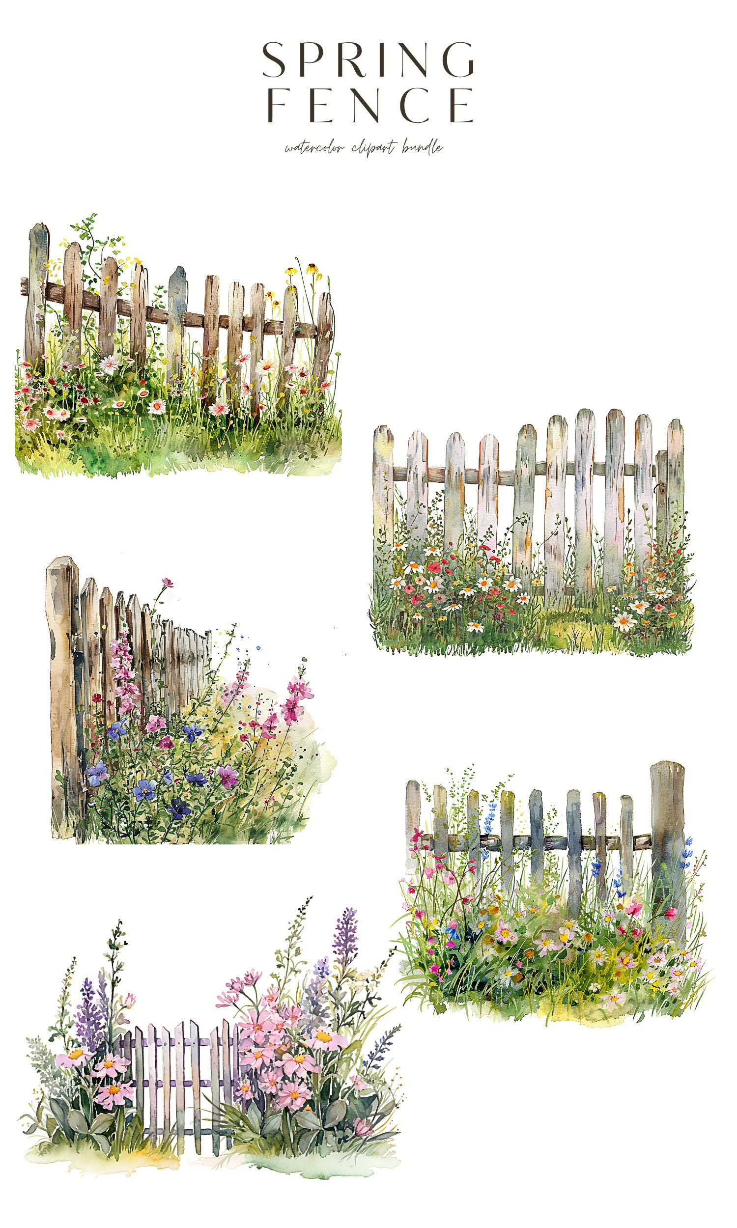 Spring Fence Clipart Bundle, Watercolor Spring, PNG Design Spring ...