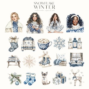 Cozy Winter Clipart, Snowflake PNG Bundle, Watercolor Bluey Clipart ...