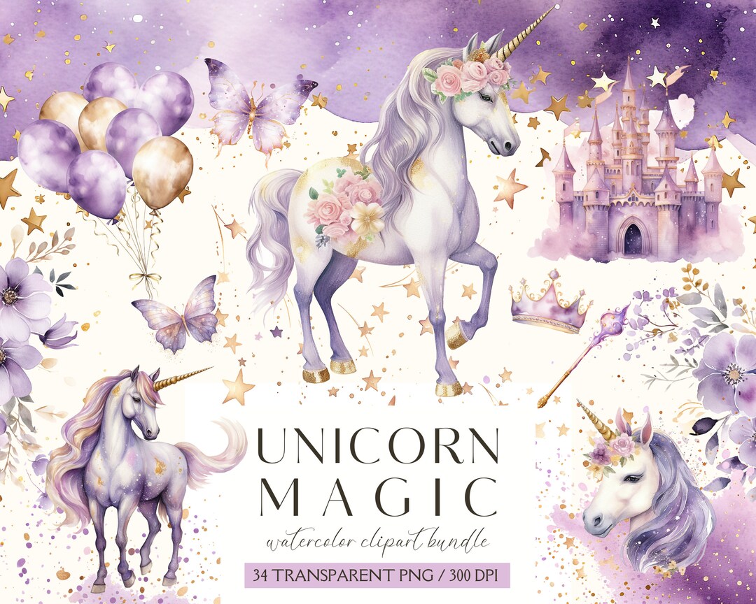 Watercolor Unicorn Clipart, Watercolor Nursery Clipart, Magic Unicorn ...