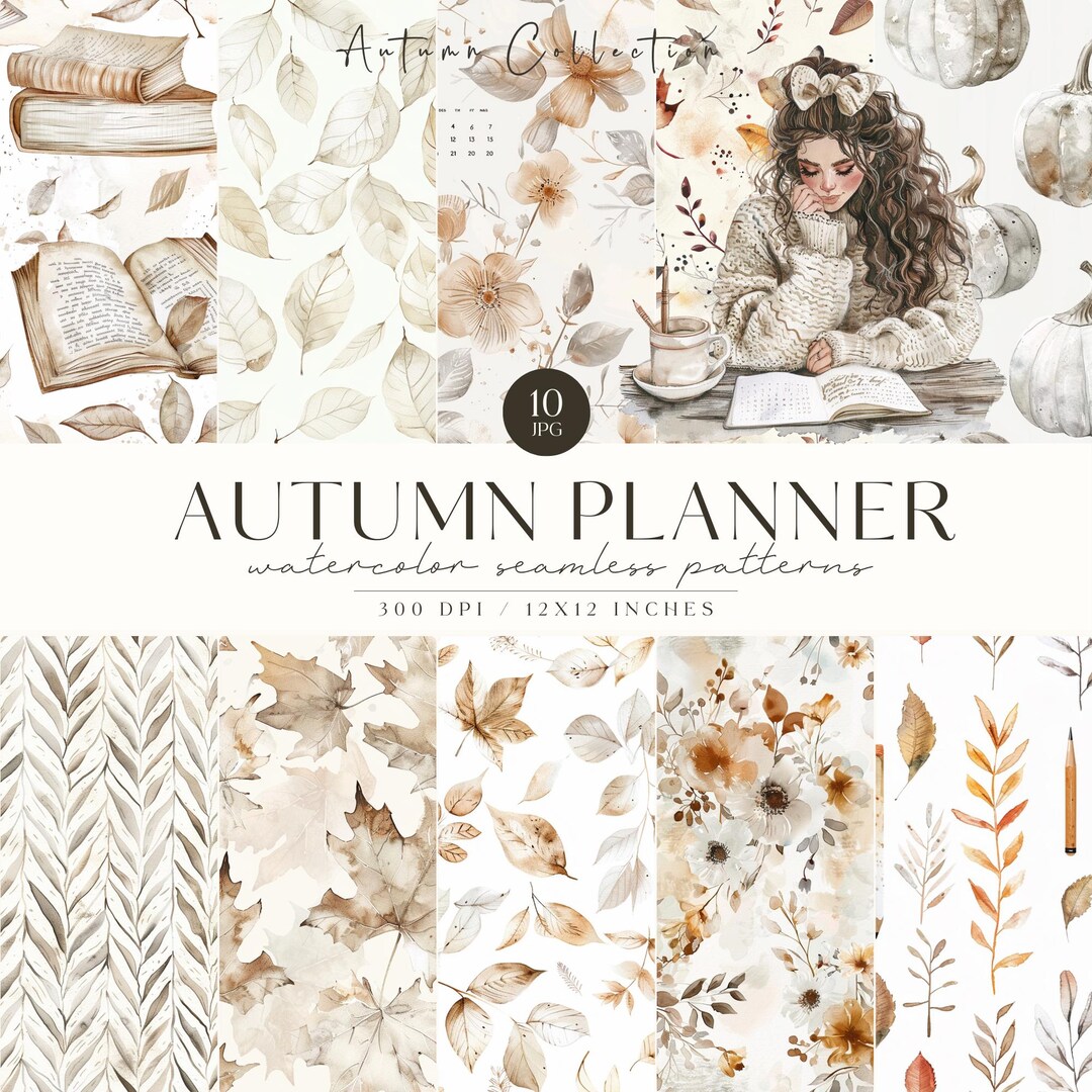 Watercolor Cozy Autumn Neutral Seamless Patterns, Beige Fall JPG ...