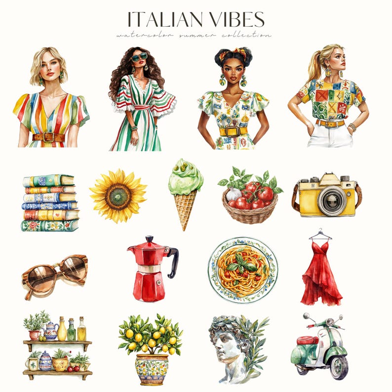 Watercolor Italy Clipart, Summer Clipart, Mediterranean Travel, Italian ...