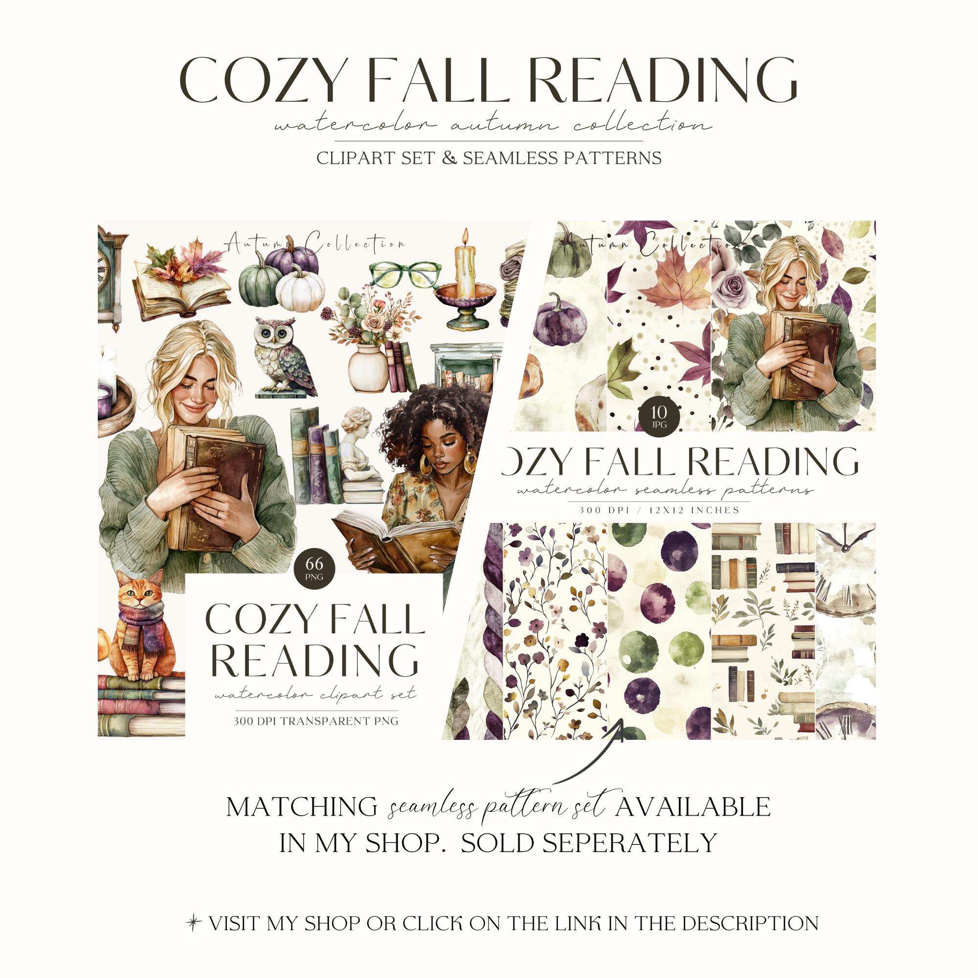 Cozy Fall Reading Clipart, Watercolor Autumn Book Lover, Fall PNG ...