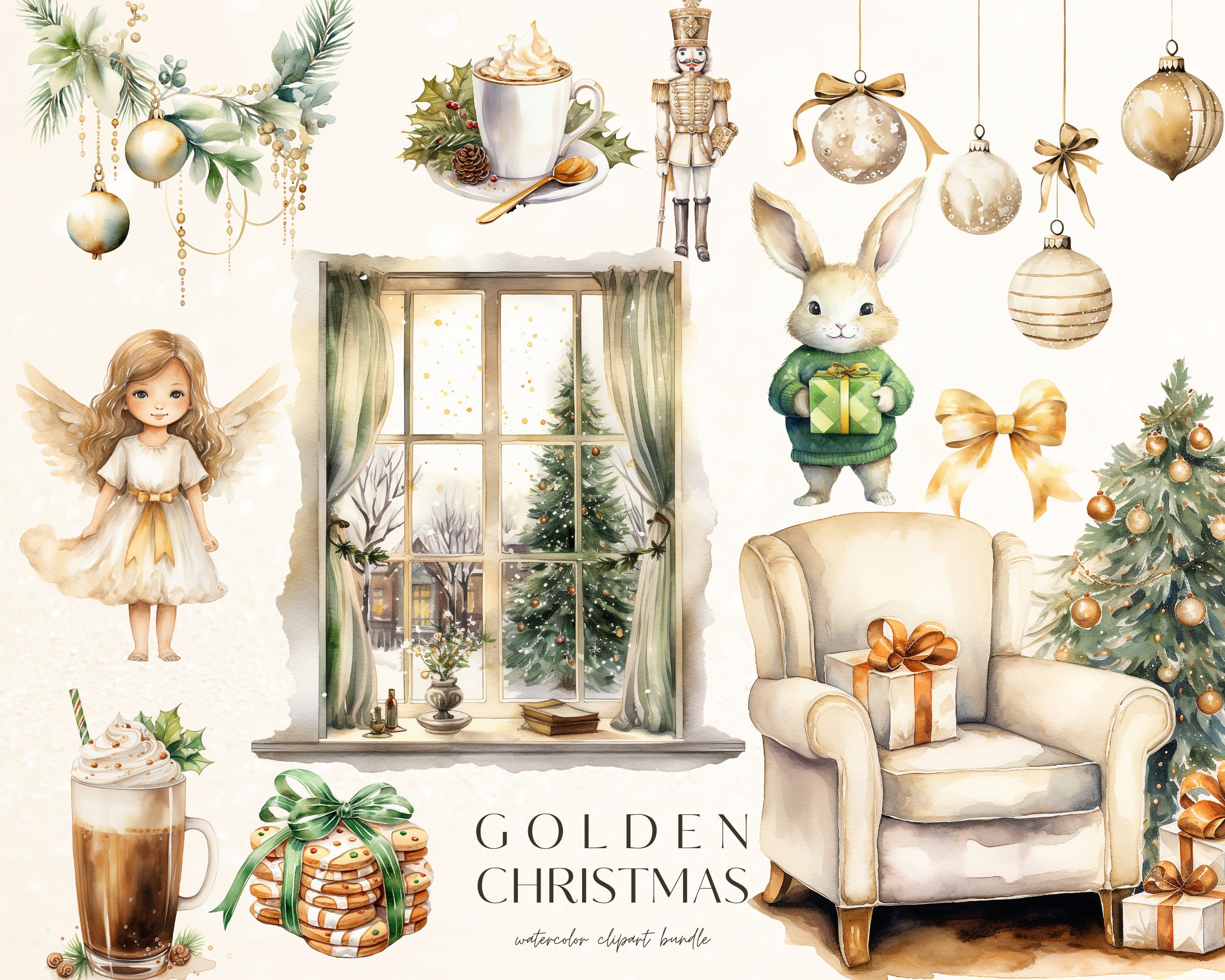 Gold Christmas Clipart, Watercolor Christmas Clipart, Gold Tis the ...