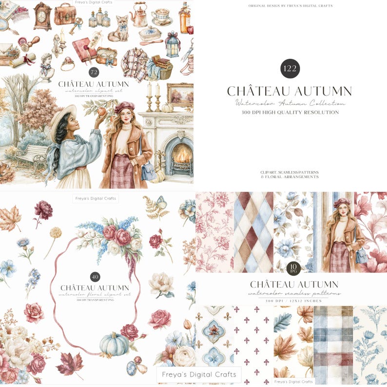 Château Autumn Clipart, Watercolor Cozy Fall PNG, Autumnal Aesthetic ...