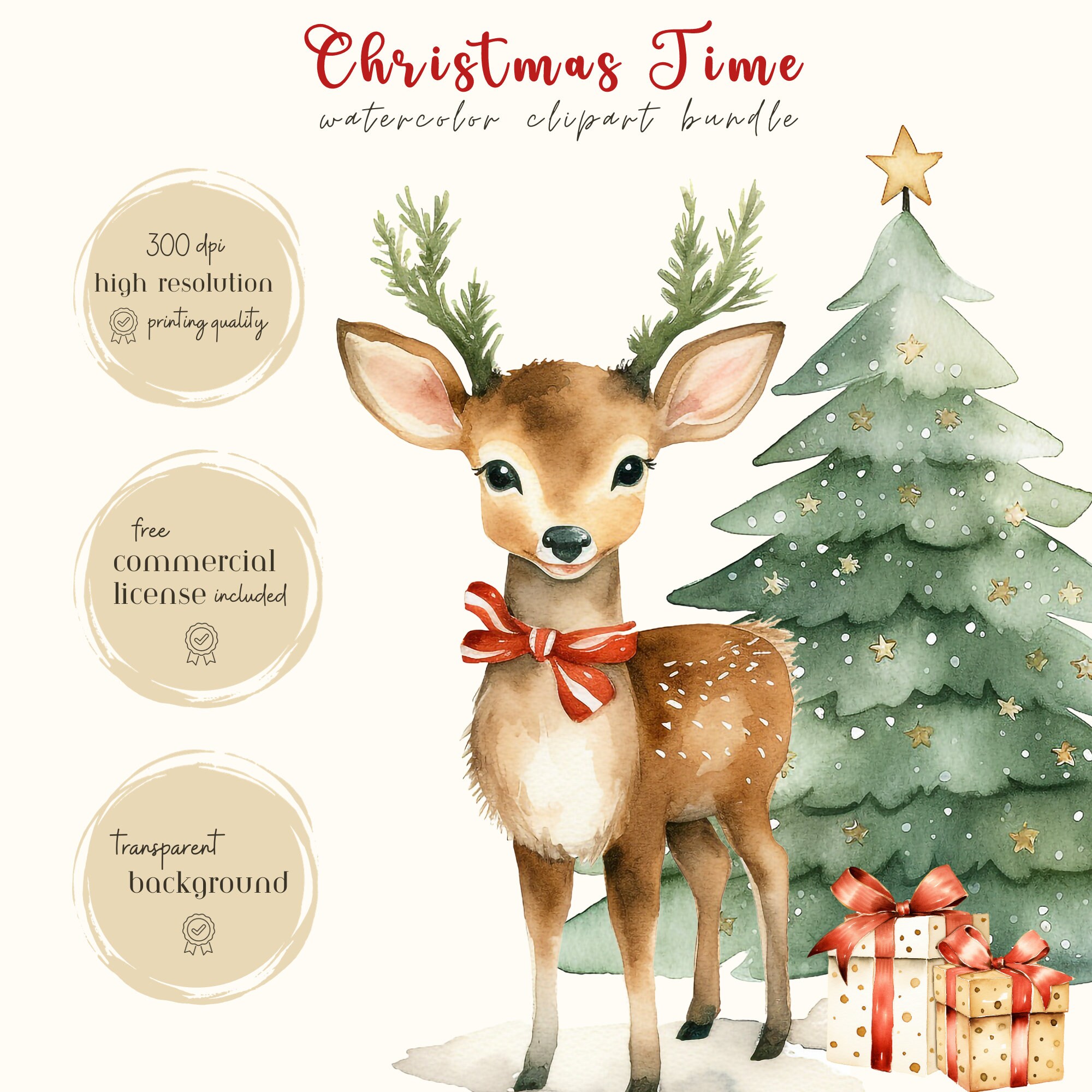 Cute Watercolor Christmas Clipart, Red and Gold Christmas PNG ...