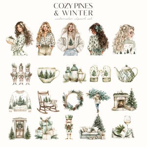 Cozy Winter Clipart, Pine PNG, Watercolor Neutral Christmas Graphics ...