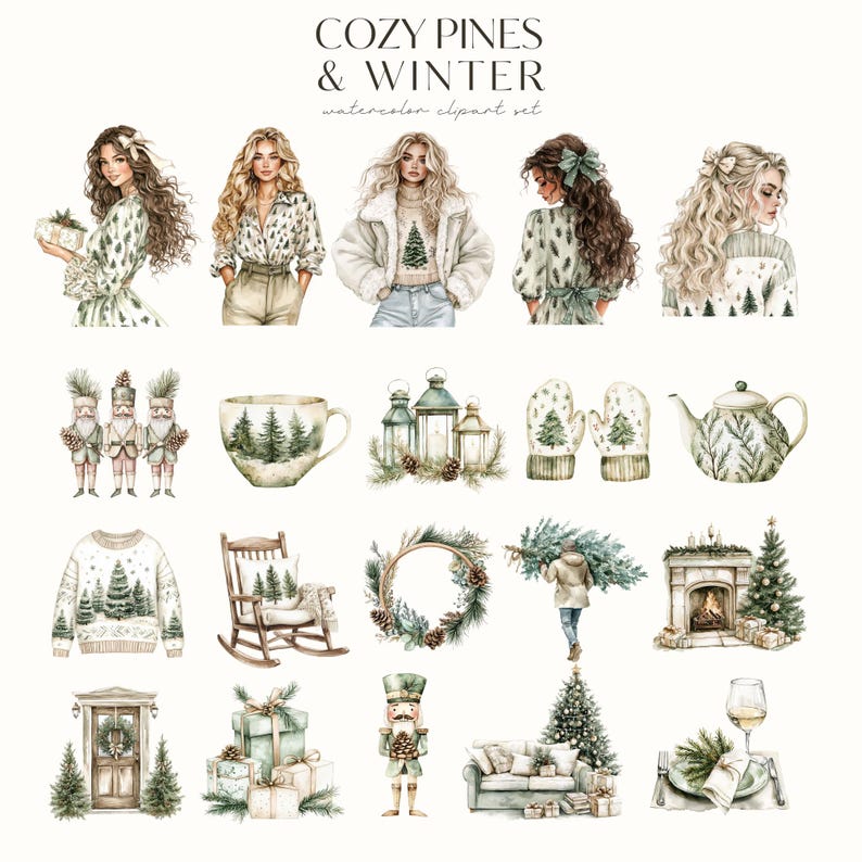 Cozy Winter Clipart, Pine PNG, Watercolor Neutral Christmas Graphics ...