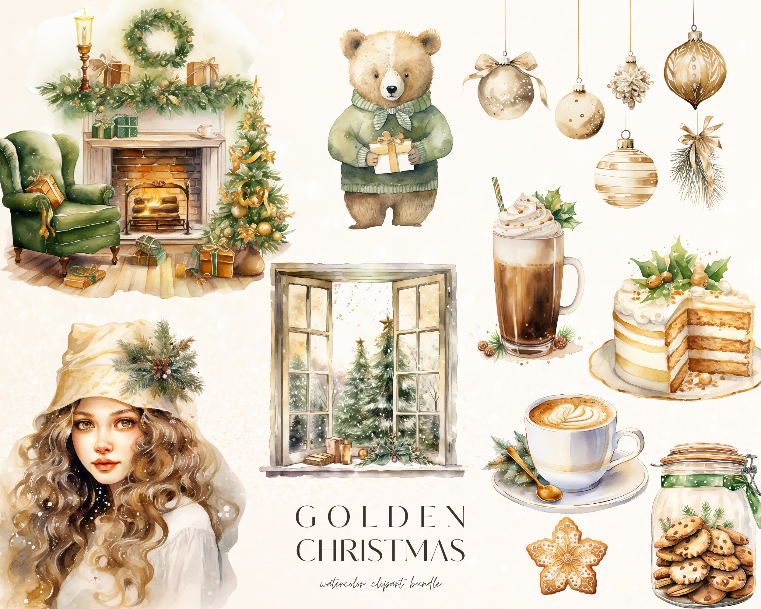 Gold Christmas Clipart, Watercolor Christmas Clipart, Gold Tis the ...