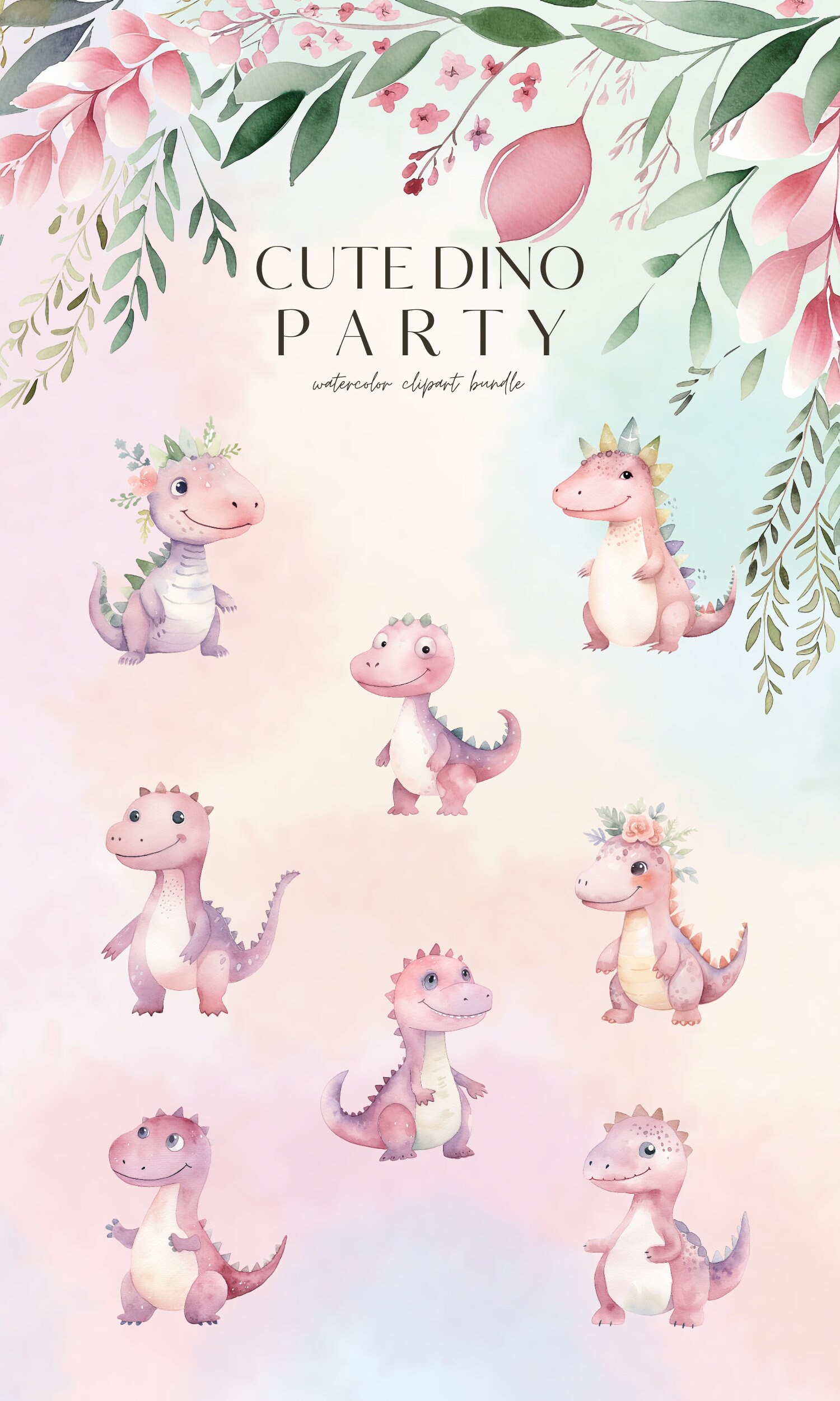 Watercolor Cute Dino Clipart Bundle, Cute Dinosaur Nursery, Cute Kids ...