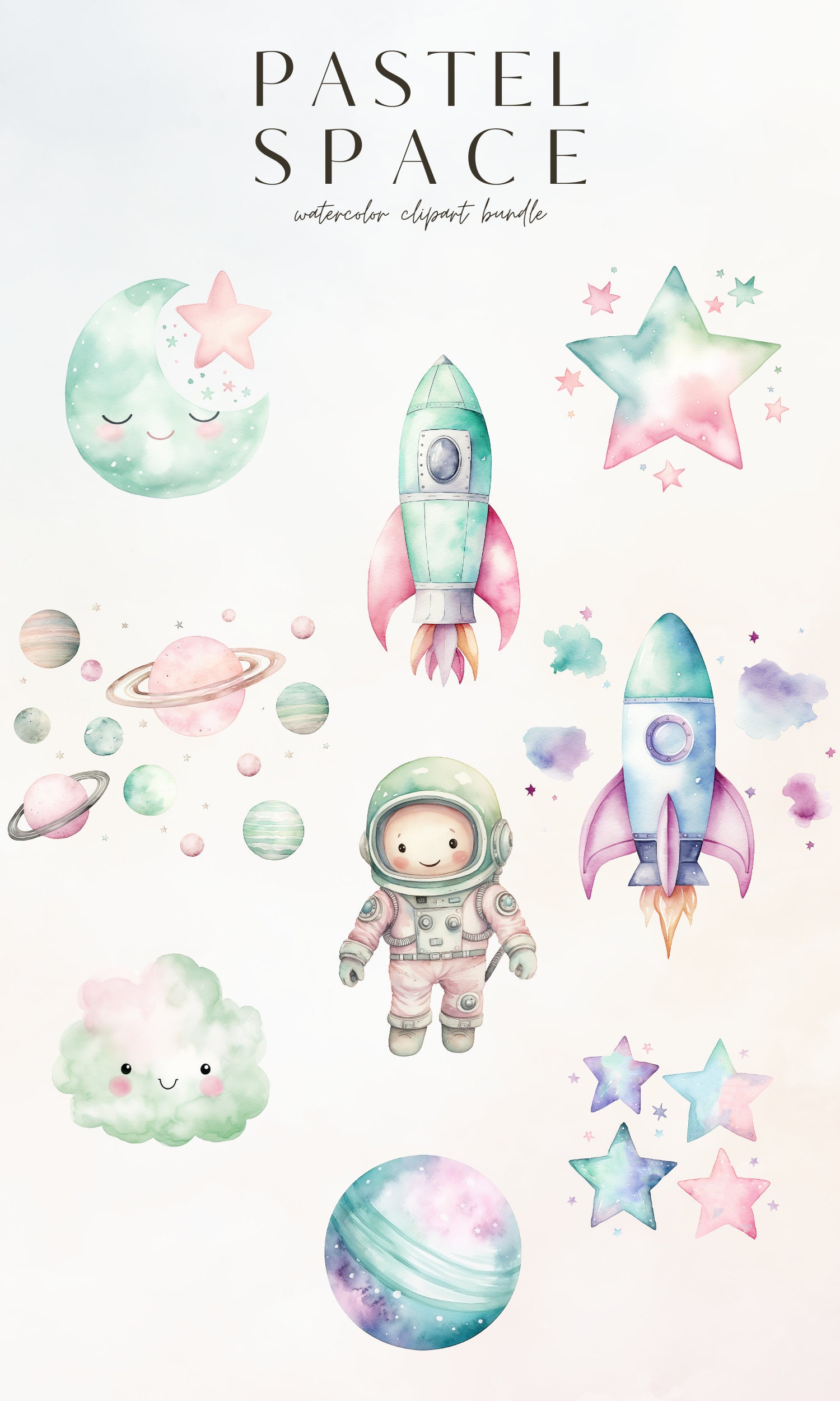 Watercolor Cute Space Clipart Bundle, Pastel Girl Astronaut Nursery ...