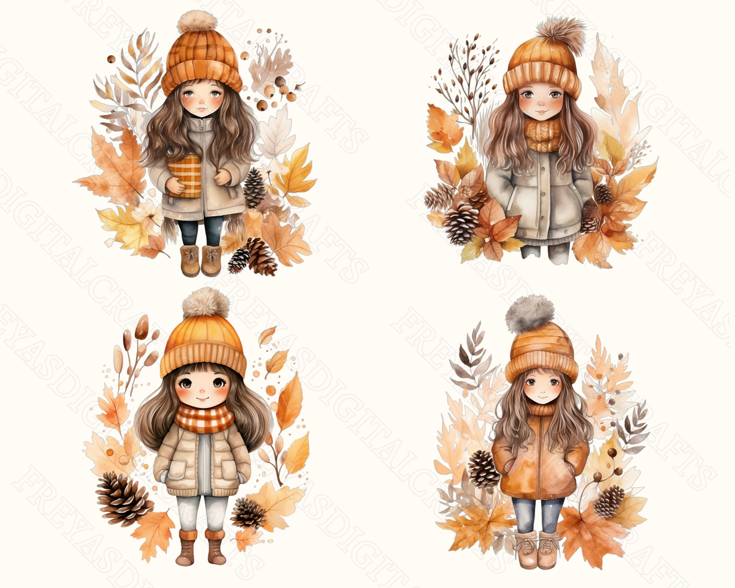 Autumn Girls Clipart Set-cozy Autumn Kids-watercolor Autumn - Etsy