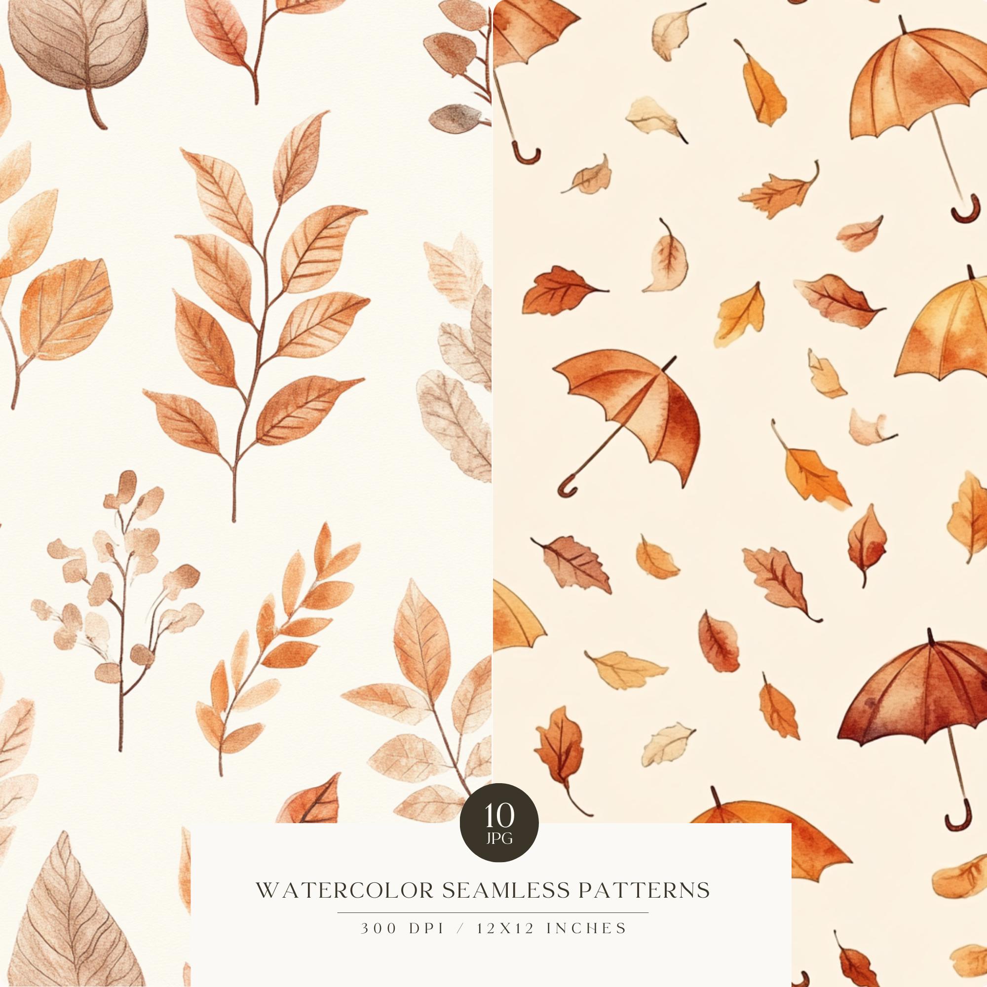Cozy Autumn Seamless Patterns, Watercolor Fall Foliage, Fall Leaves ...
