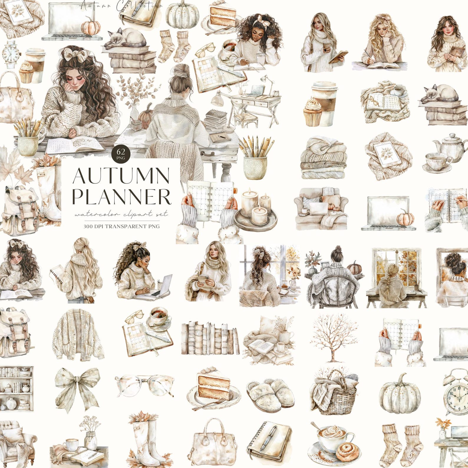 Cozy Autumn Large Bundle, Watercolor Neutral Fall Clipart, Seasonal PNG ...