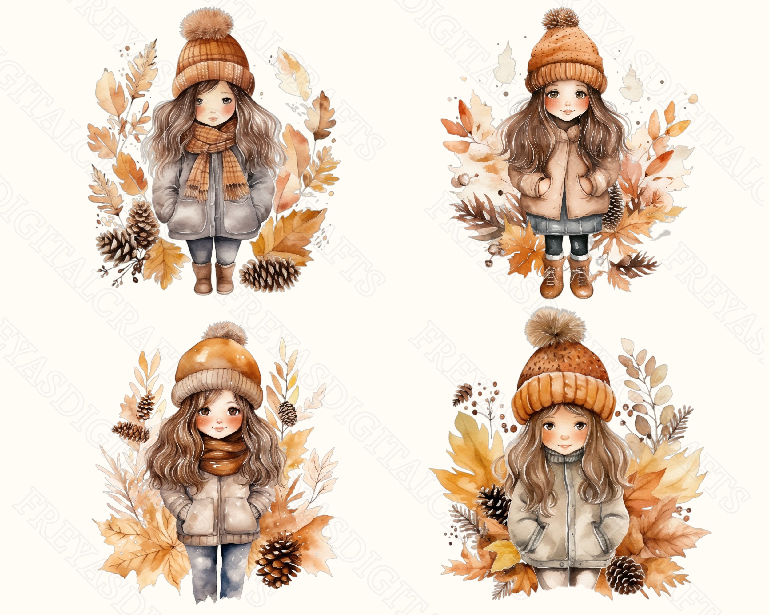 Autumn Girls Clipart Set-cozy Autumn Kids-watercolor Autumn - Etsy