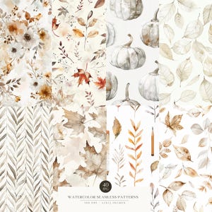 Cozy Autumn Seamless Patterns, Watercolor Neutral Fall JPG, Large ...