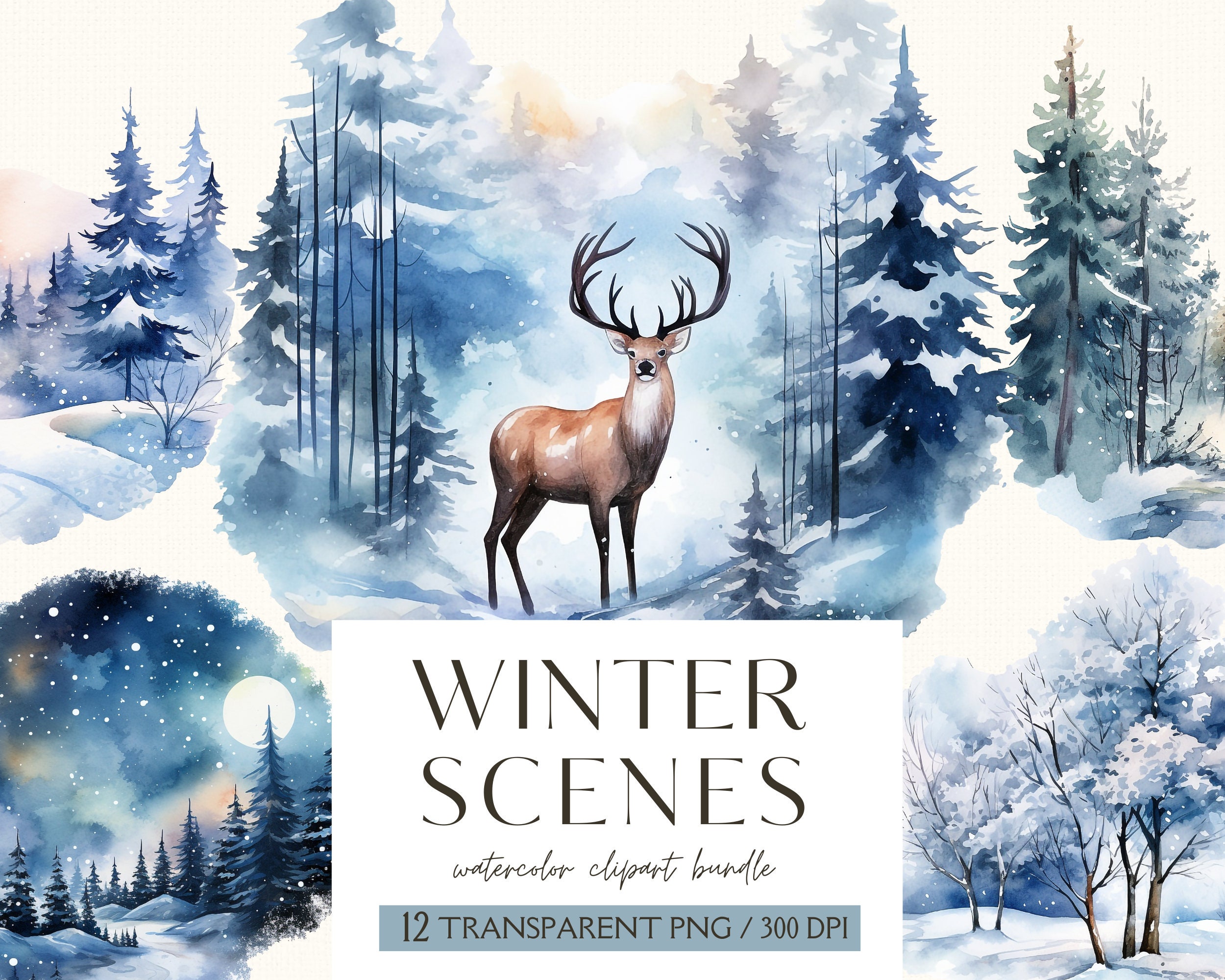 Winter Scenes Clipart-watercolor Winter Woodland Clipart-winter Forest ...