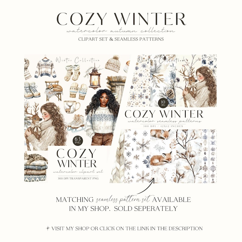 Cozy Winter Clipart, Watercolor Neutral Winter Bundle, Winter Cabin ...