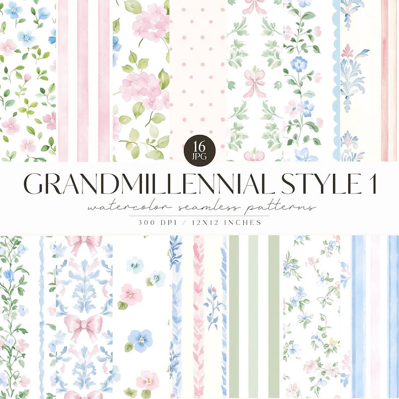 Watercolor Grandmillennial Seamless Patterns, Floral Preppy Background ...