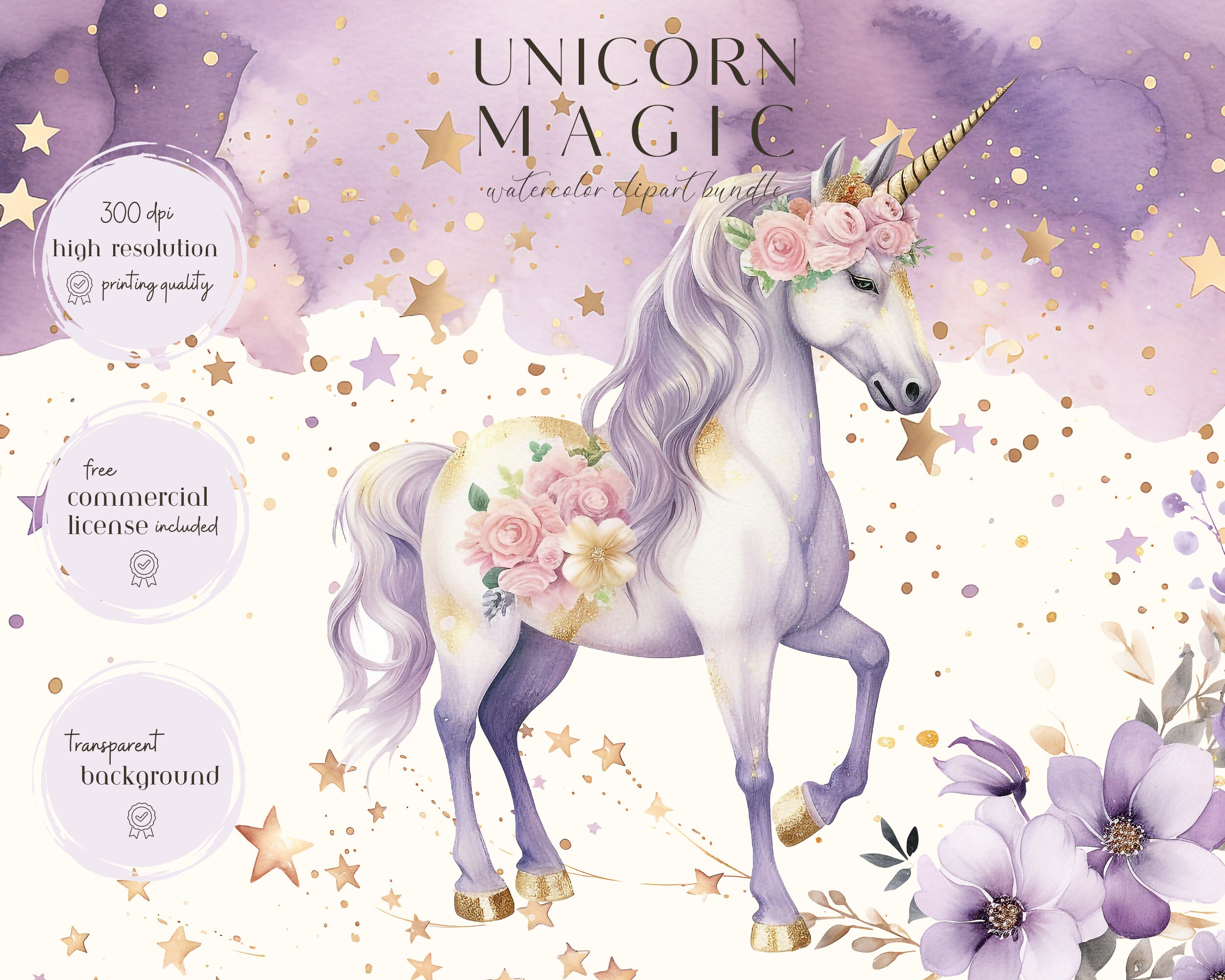 Watercolor Unicorn Clipart, Watercolor Nursery Clipart, Magic Unicorn ...