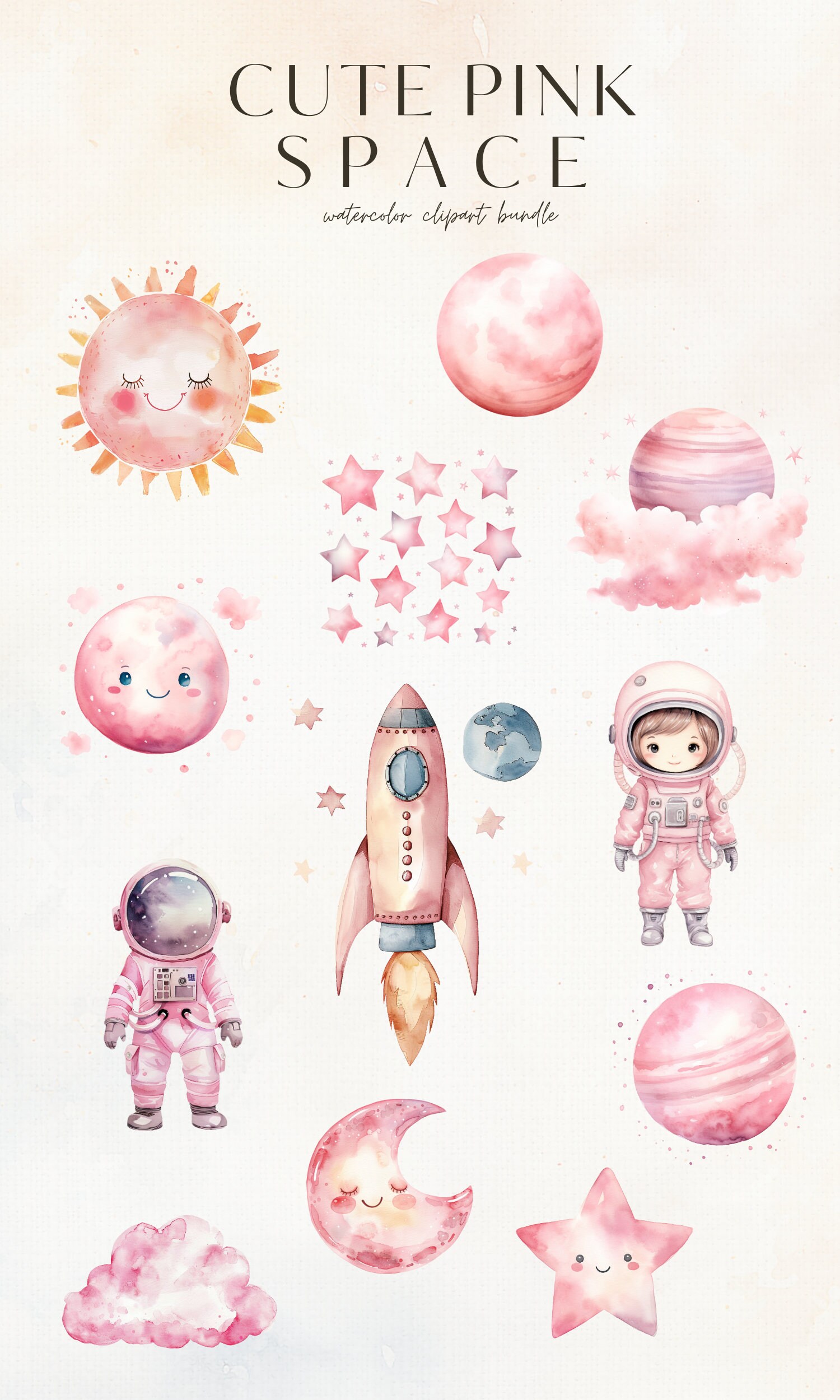 Watercolor Pink Cute Space Clipart Bundle, Pastel Girl Astronaut ...