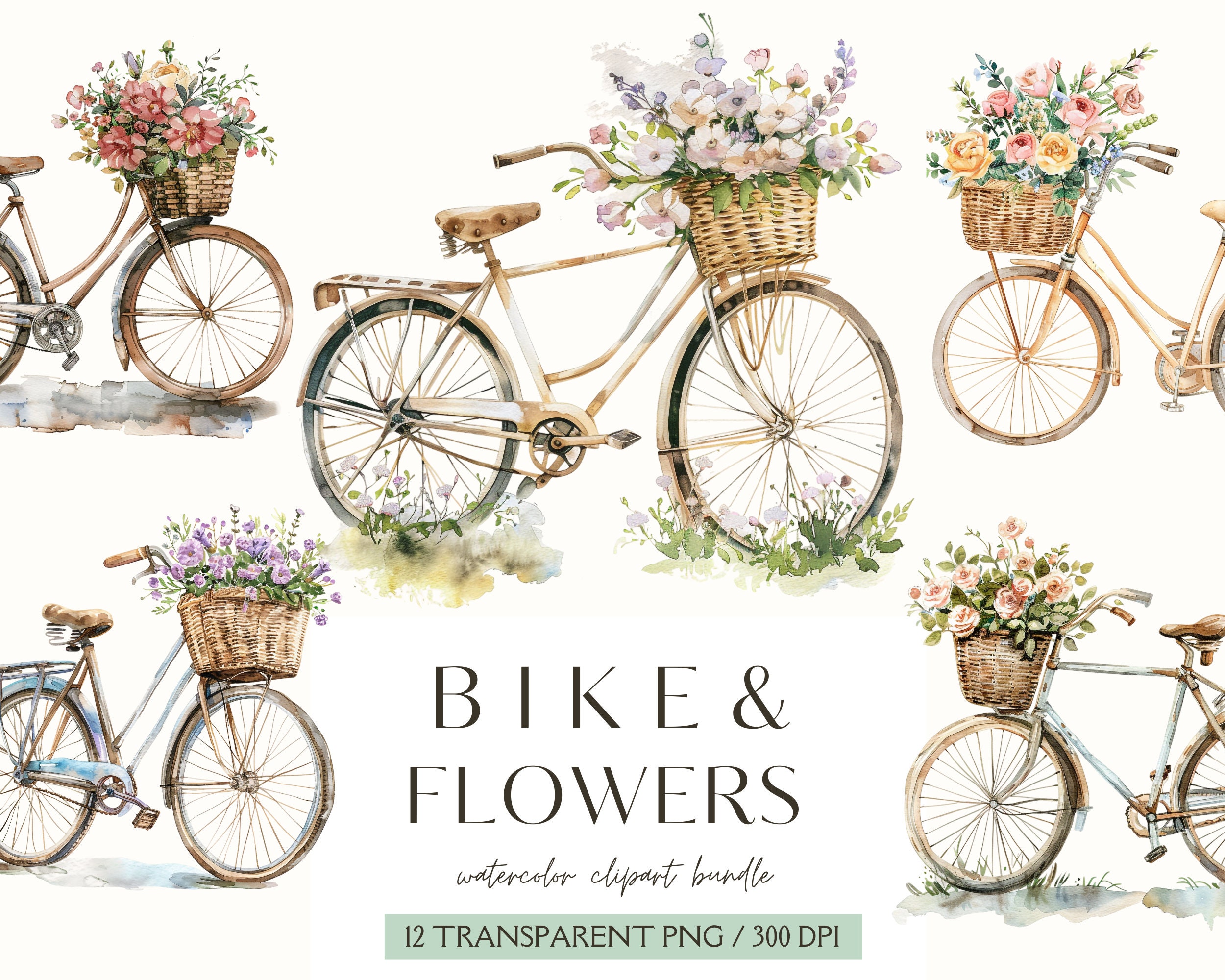 Bike and Flowers Clipart-watercolor Spring Clipart-floral Clipart ...