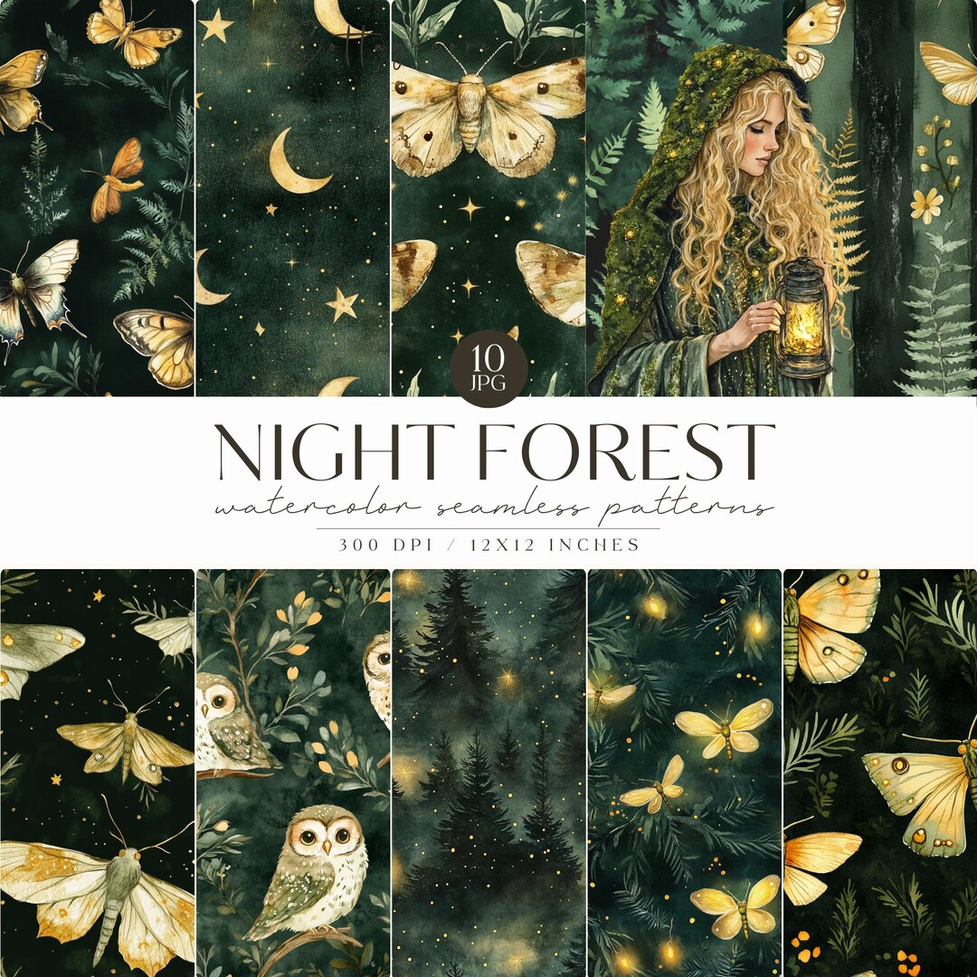 Forest Pattern, Magical Moth, Evergreen Seamless Pattern, Botanical ...