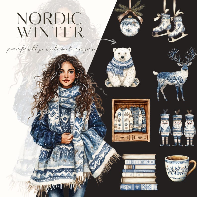 Cozy Winter Clipart, Bluey PNG Bundle, Watercolor Nordic Winter ...