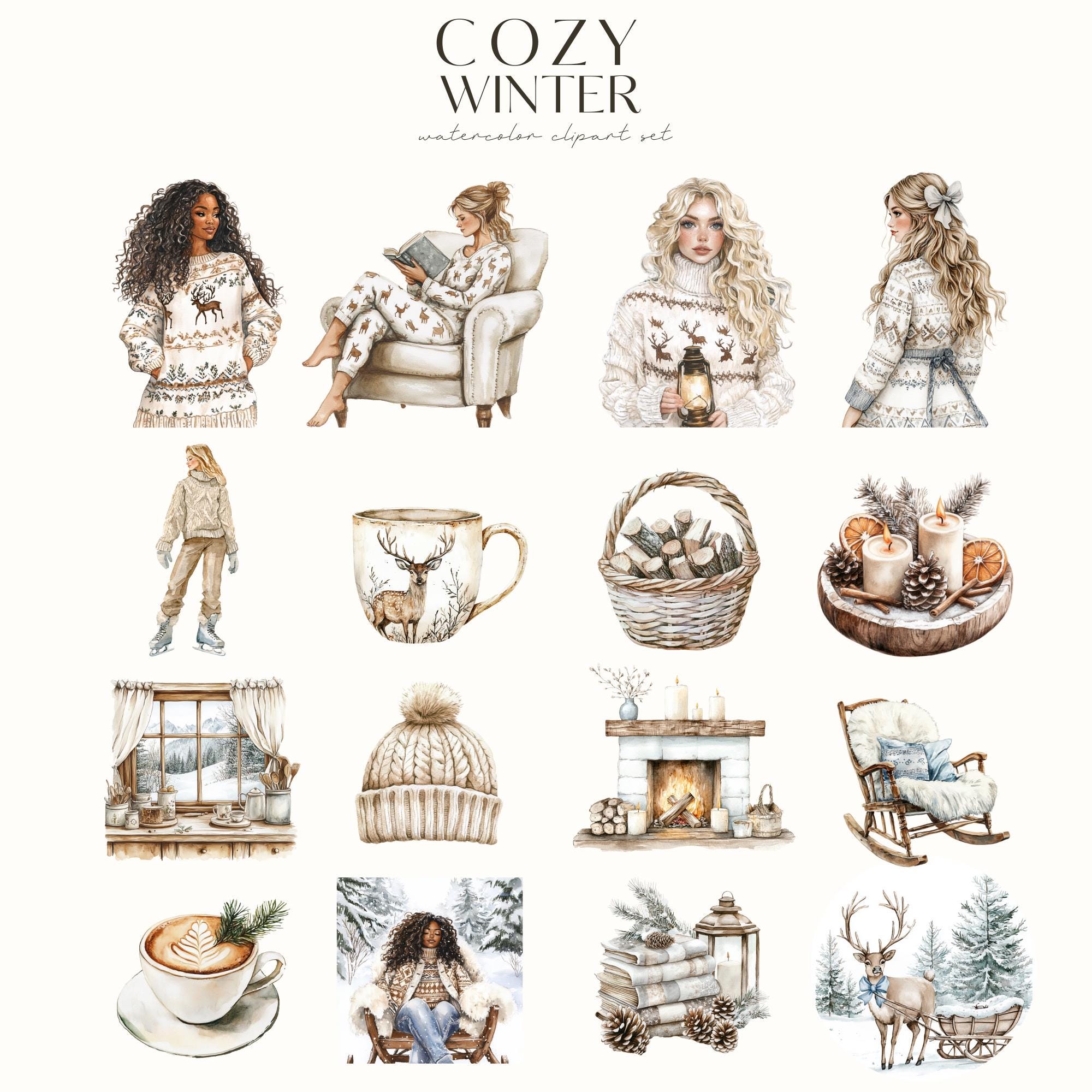 Cozy Winter Clipart, Watercolor Neutral Winter Bundle, Winter Cabin ...