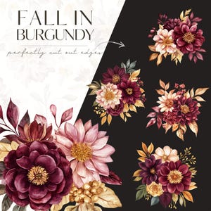 Watercolor Burgundy Fall Floral Clipart, Autumn Floral Bouquet, Fall ...