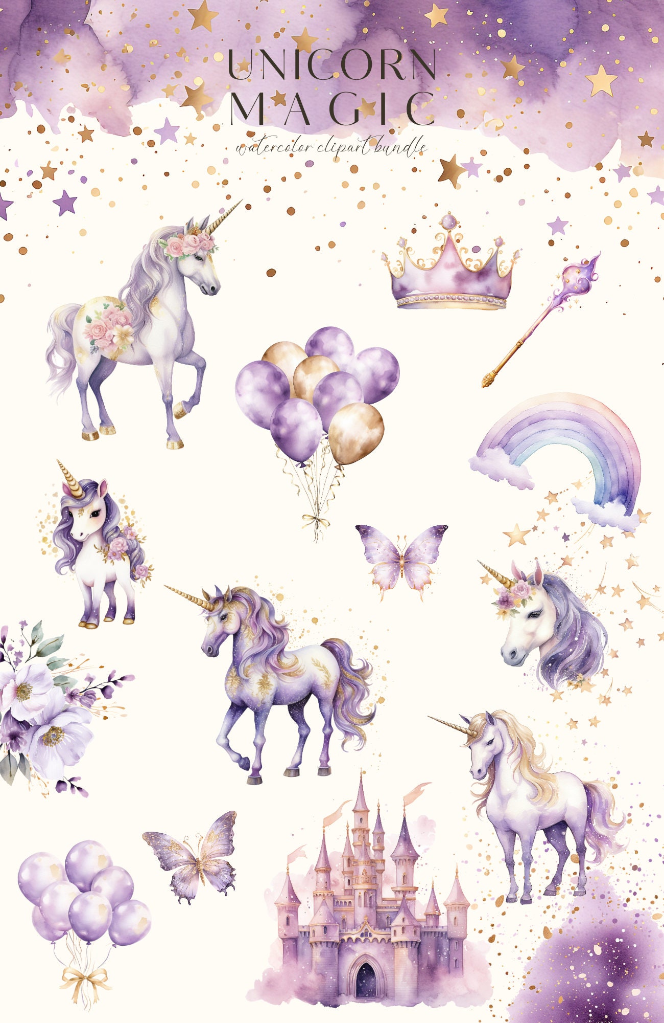 Watercolor Unicorn Clipart, Watercolor Nursery Clipart, Magic Unicorn ...