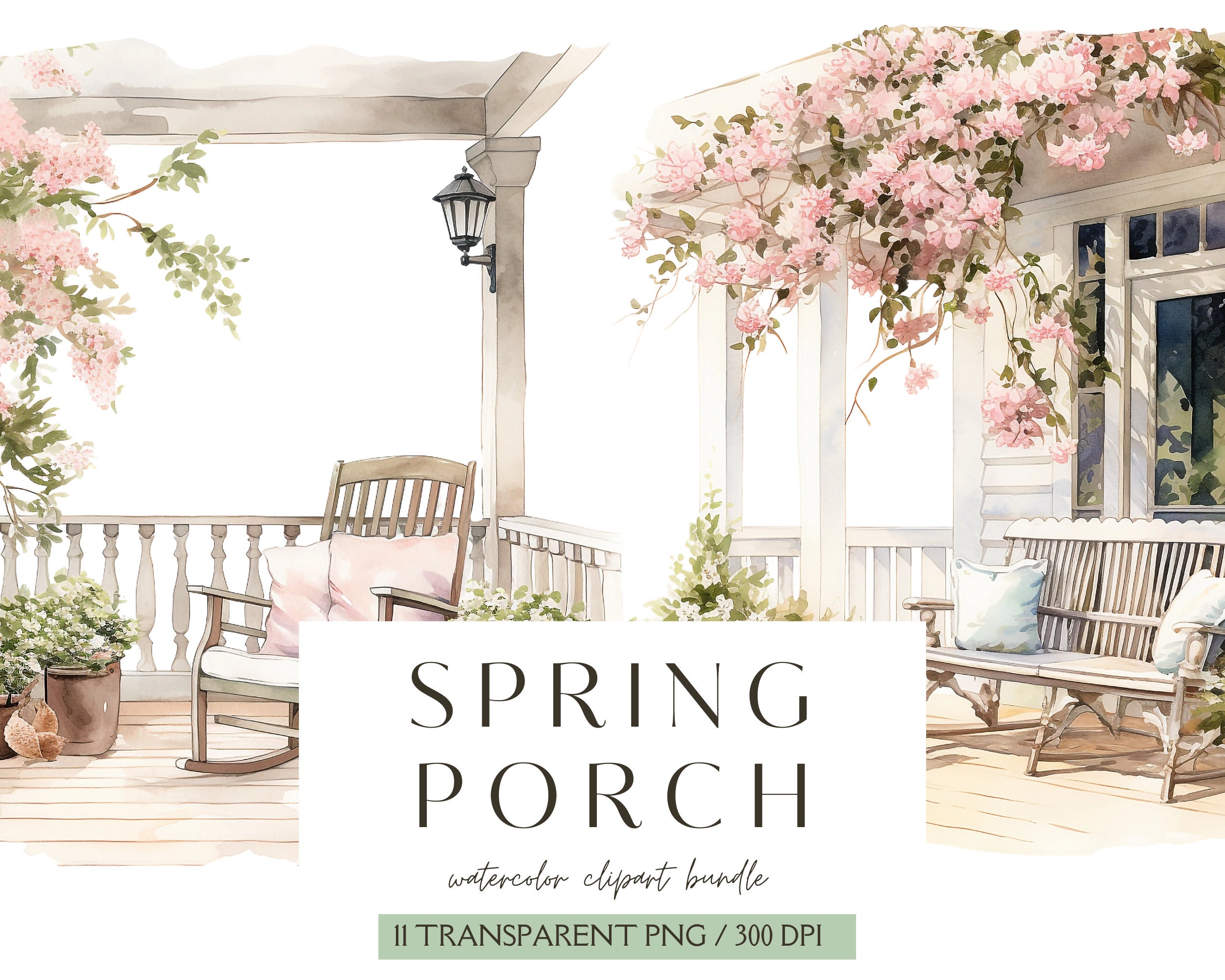 Watercolor Spring Porch, Spring House, Watercolor Spring Clipart ...