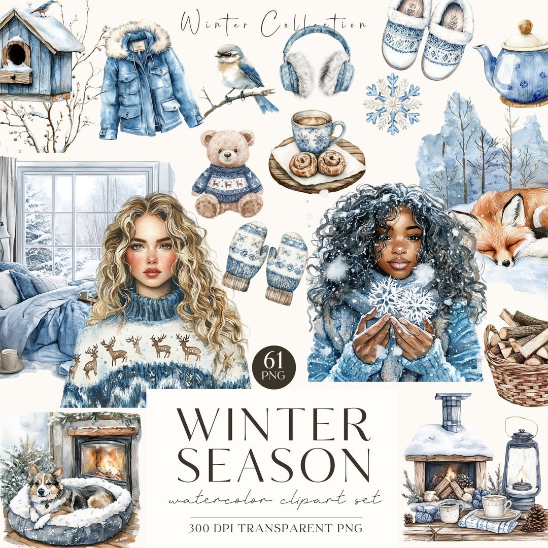 Cozy Winter Clipart, Bluey PNG Bundle, Watercolor Snowflake, Winter ...