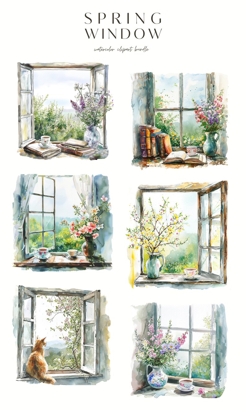 Spring Window View Clipart Bundle, Watercolor Spring, PNG Design Spring ...