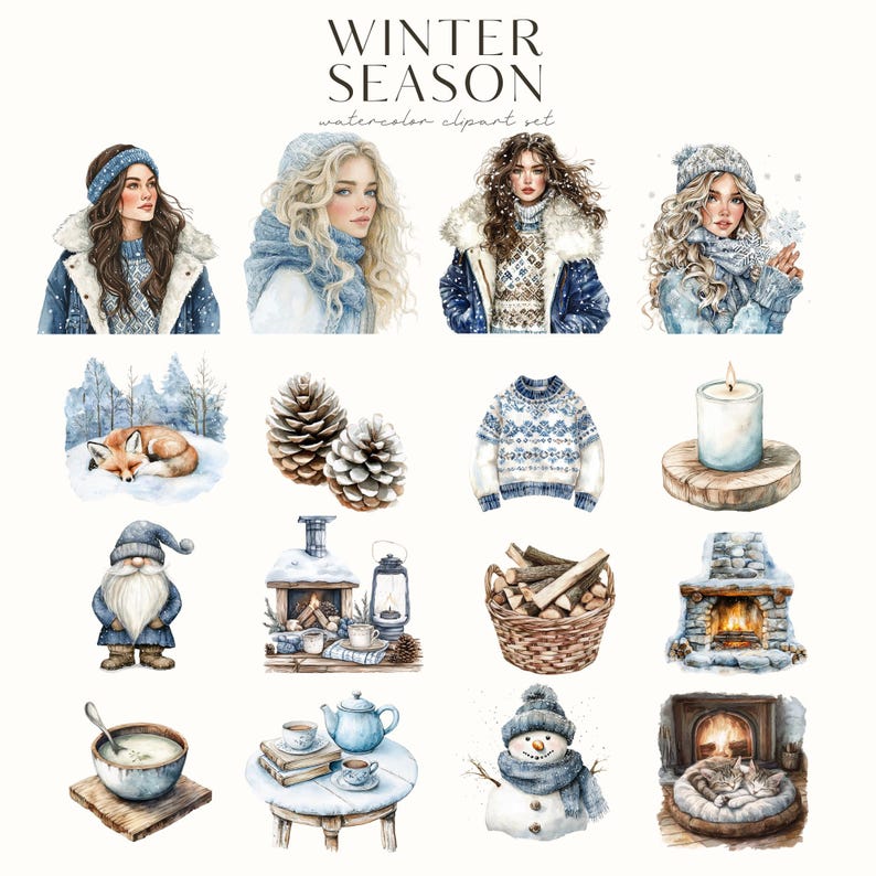 Cozy Winter Clipart, Bluey PNG Bundle, Watercolor Snowflake, Winter ...