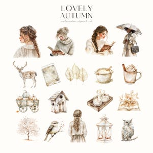 Cozy Autumn Clipart, Fall PNG Graphics, Watercolor Neutral Illustration ...